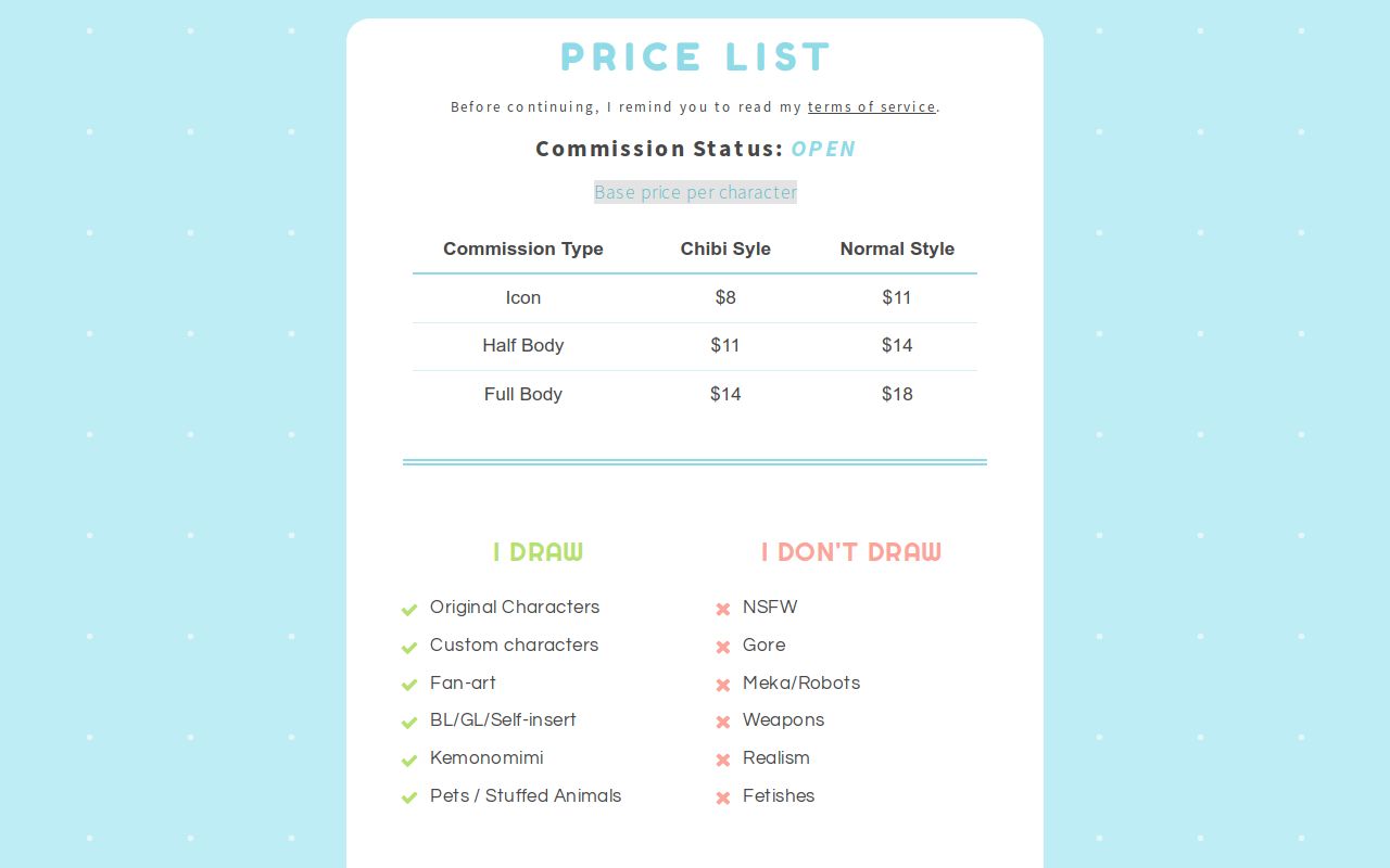 Commission Price List USD
